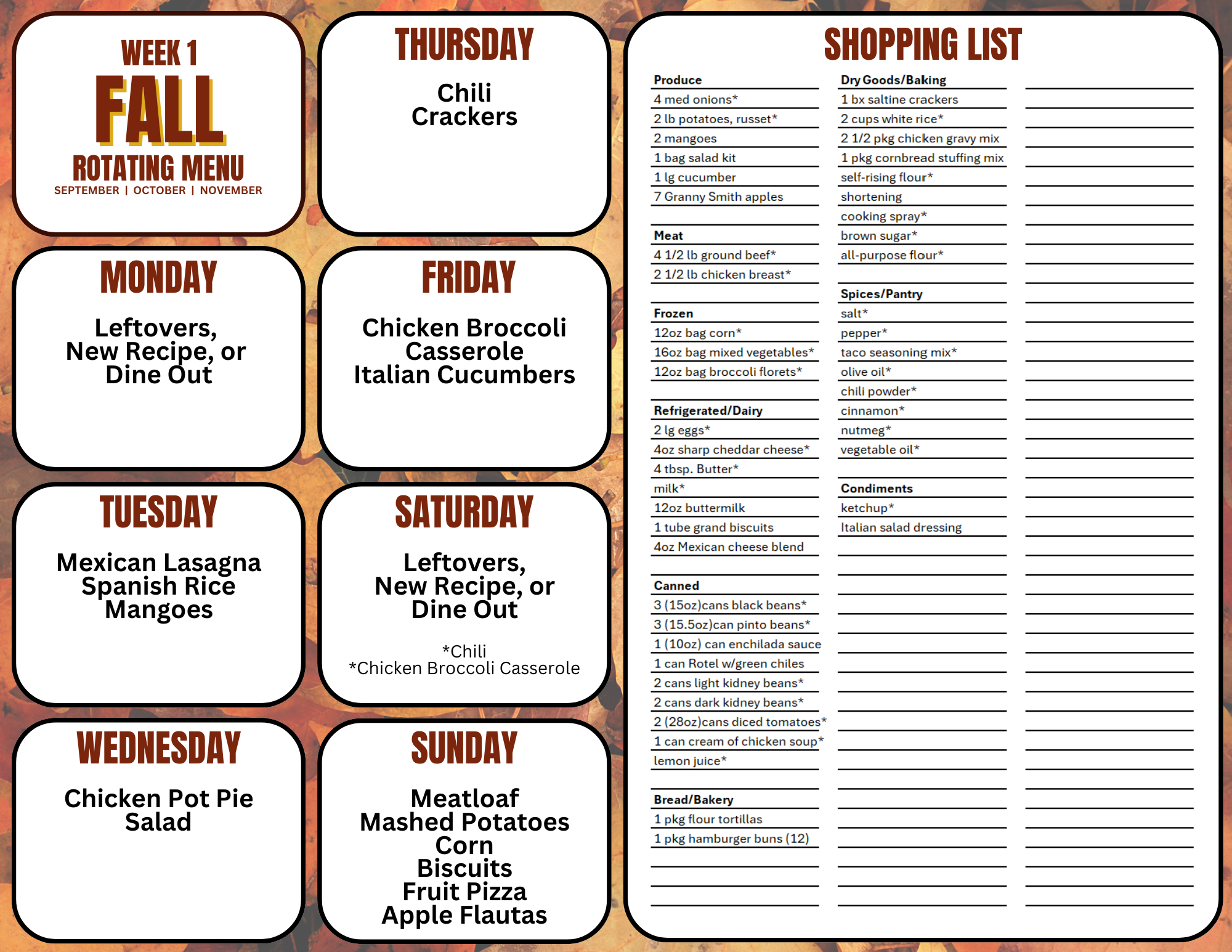 Fall Rotating Meal Plan - Week 1 | Fluster Buster