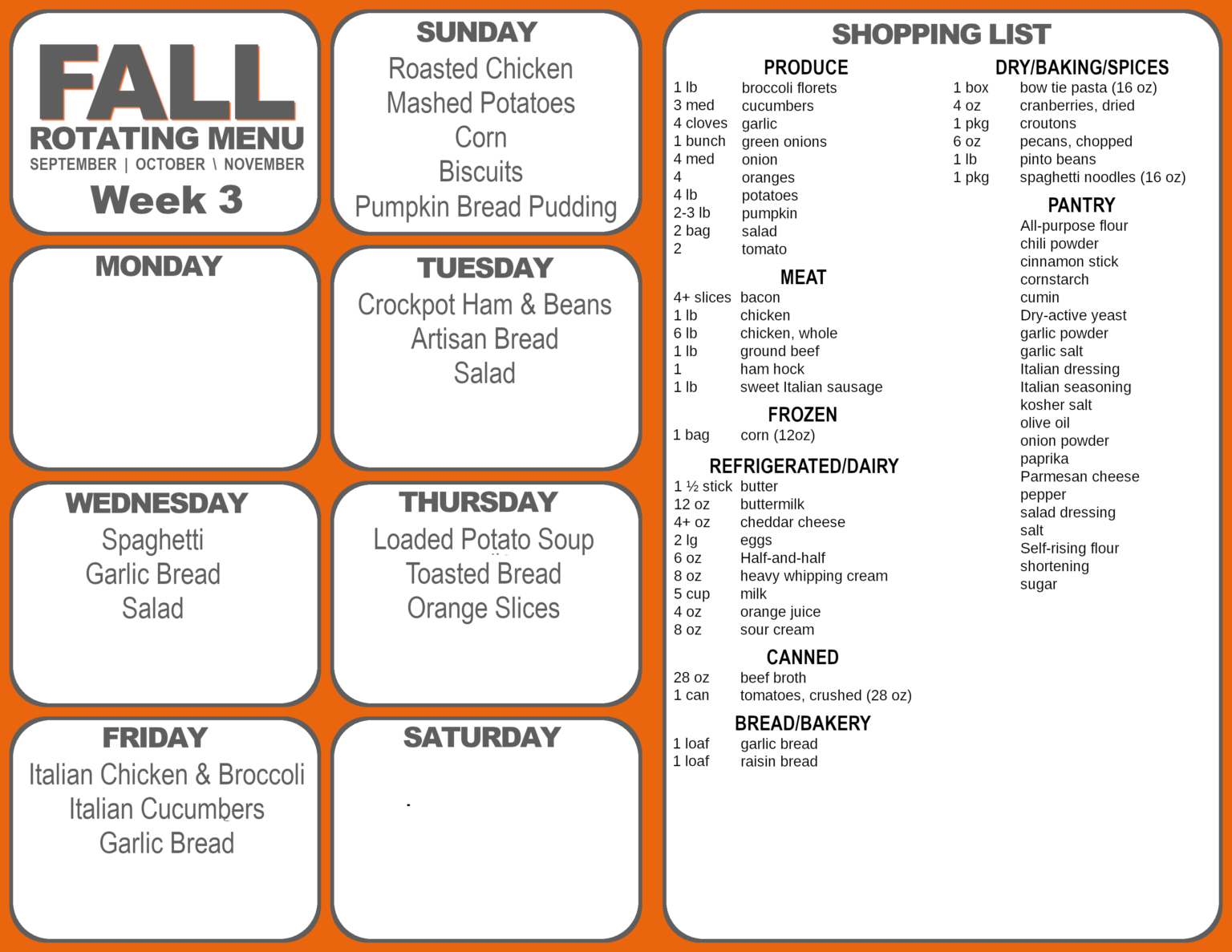 Easy Meal Plan: Week 3 of Our Rotating Fall Menus | Fluster Buster