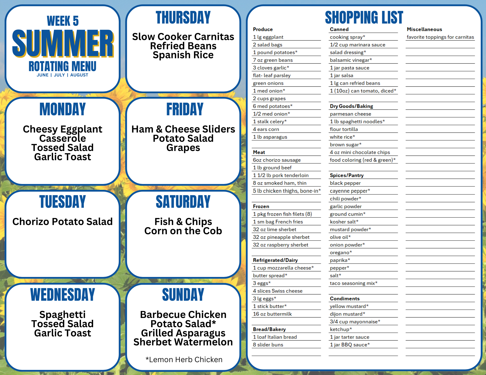 Summer Rotating Meal Plan Week 5 | Fluster Buster