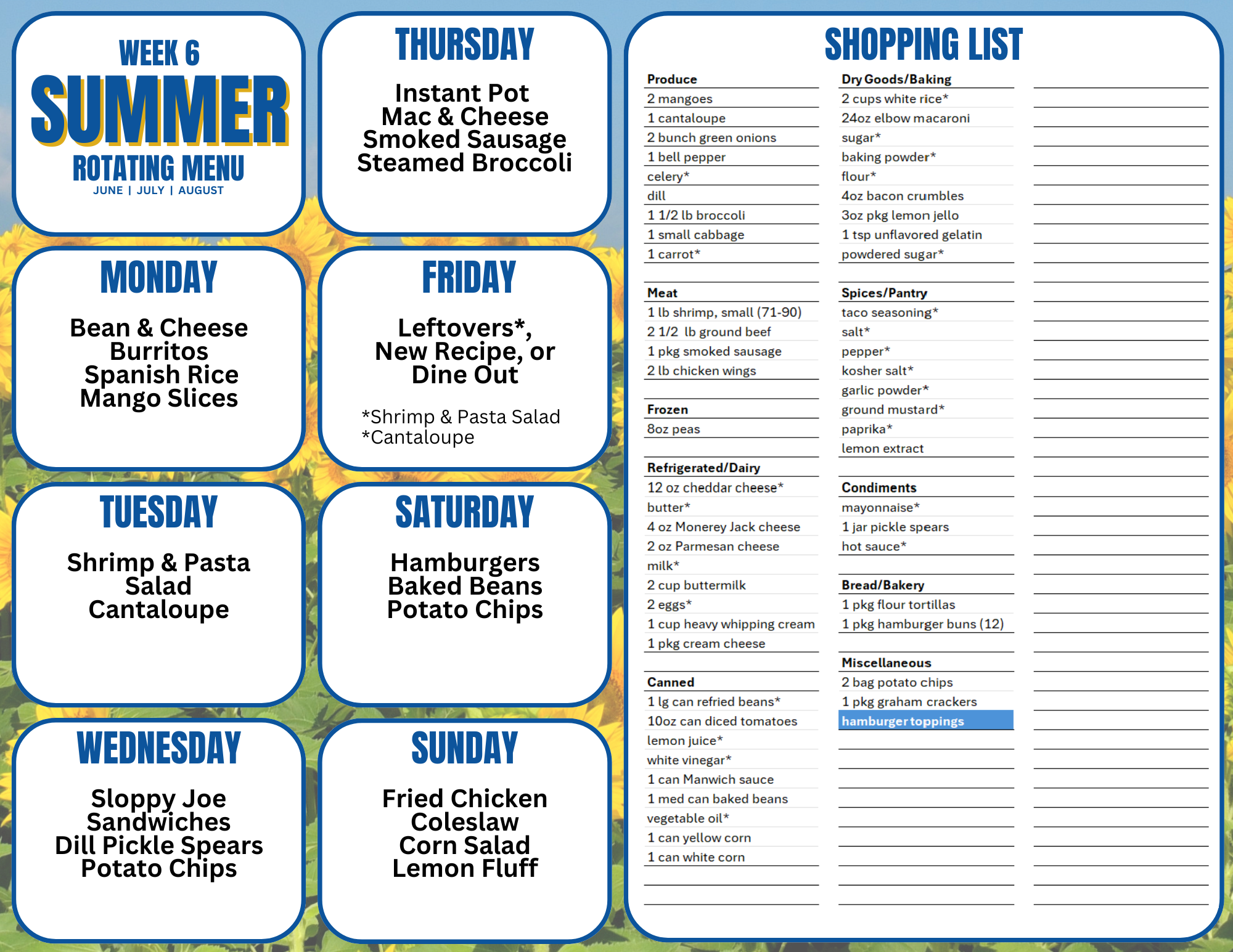 Summertime Rotating Meal Plan Week 6 | #site_title